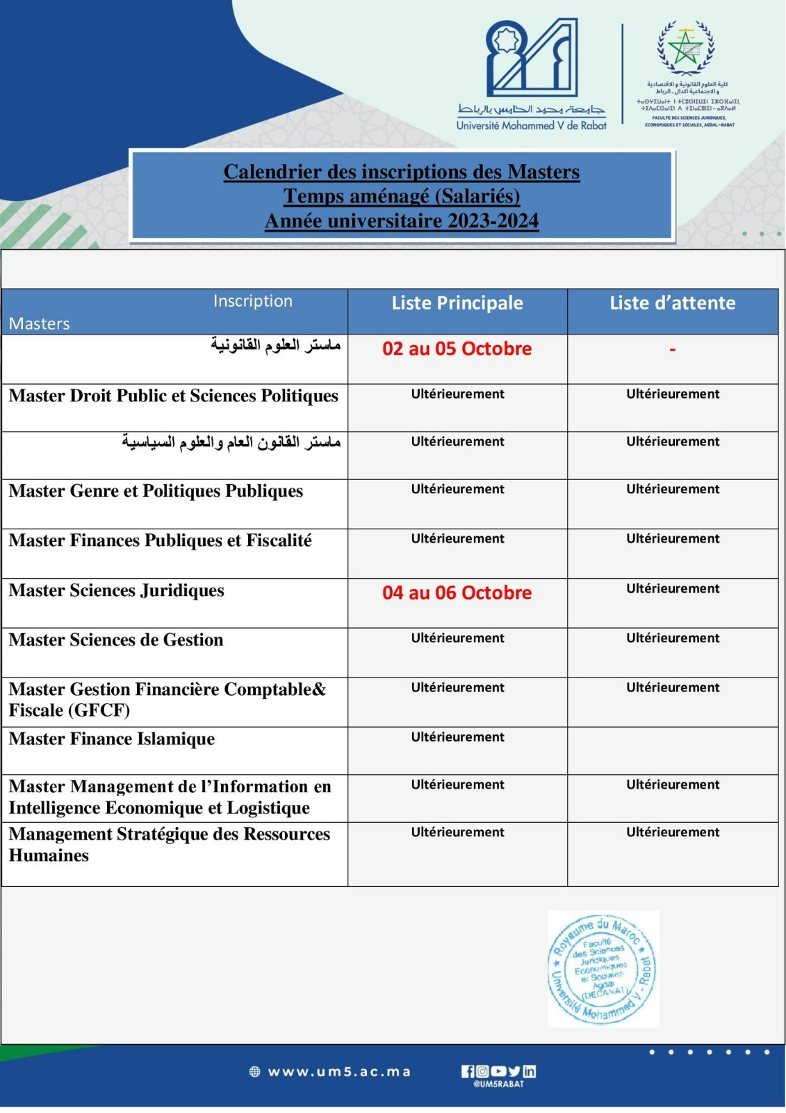 Calendrier des inscriptions des Masters ( Temps Normal et Temps Aménagé ) Année universitaire ...